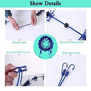 2-Piece Portable Clothesline, Retractable Travel Clothesline with 12 clothespins and 13 Spring Buckles Outdoor Camping Accessories (Blue + Black)