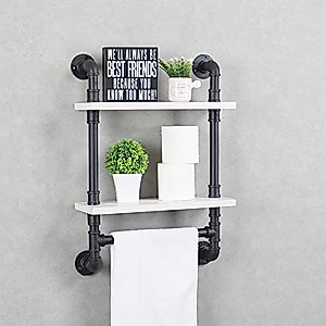 Industrial Pipe Shelving Bathroom Shelves Wall Mounted, 2-Layer 24in Rustic Wood Shelf with Towel Bar,Farmhouse Towel Rack Metal Floating Shelves Towel Holder (TypeA, White)