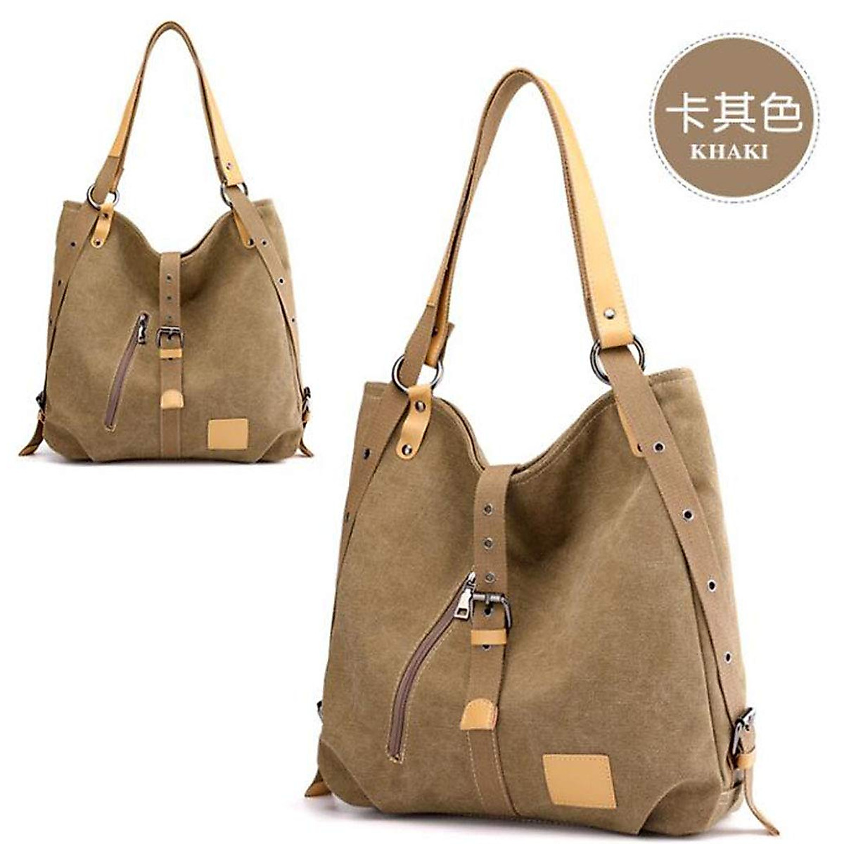 Leijing Women Canvas Casual Multifunctional Microfiber Leather Large Capacity Handbag Shoulder Bags Backpack Khaki one size