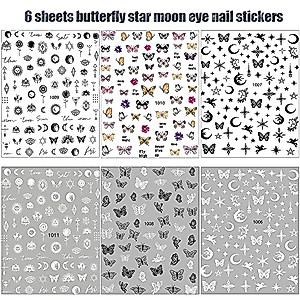 Starry Sky Series Nail Stickers for Nail Art - 3D Self Adhesive Nail Decals Black White Butterfly Star Moon Nail Design Stickers Constellation Meteor Decals DIY Nail Decorations for Women, 6Sheets