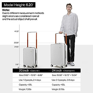 mixi Luggage Suitcases With Spinner Wheels,Upgrade Wide Handle PC Hardshell Rolling Travel Suitcase with TSA Lock, Checked-Medium 24-Inch, Smoke White