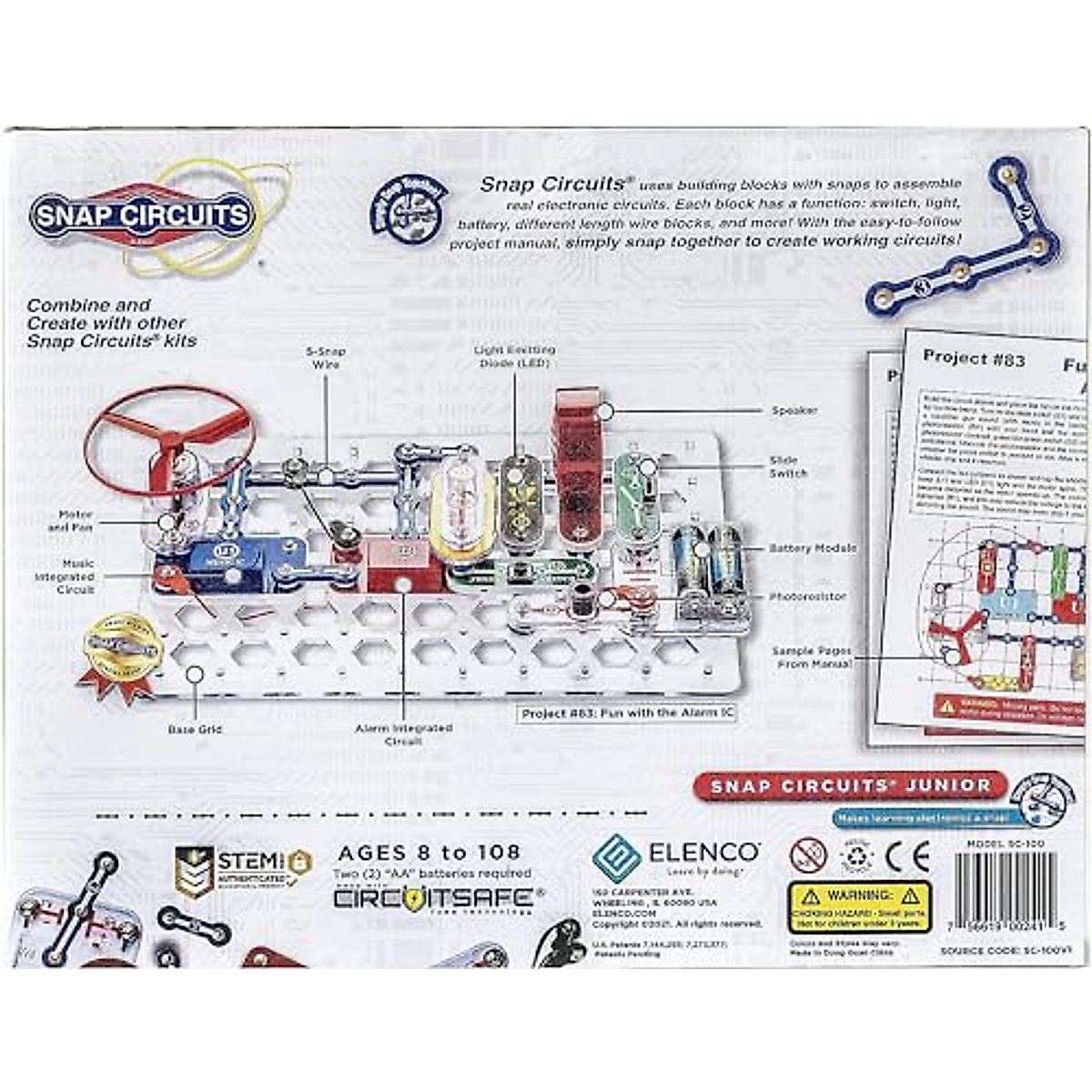 Snap Circuits Jr. SC-100 Electronics Exploration Kit, Over 100 Projects, Full Color Project Manual, 28 Parts, STEM Educational Toy for Kids 8 +