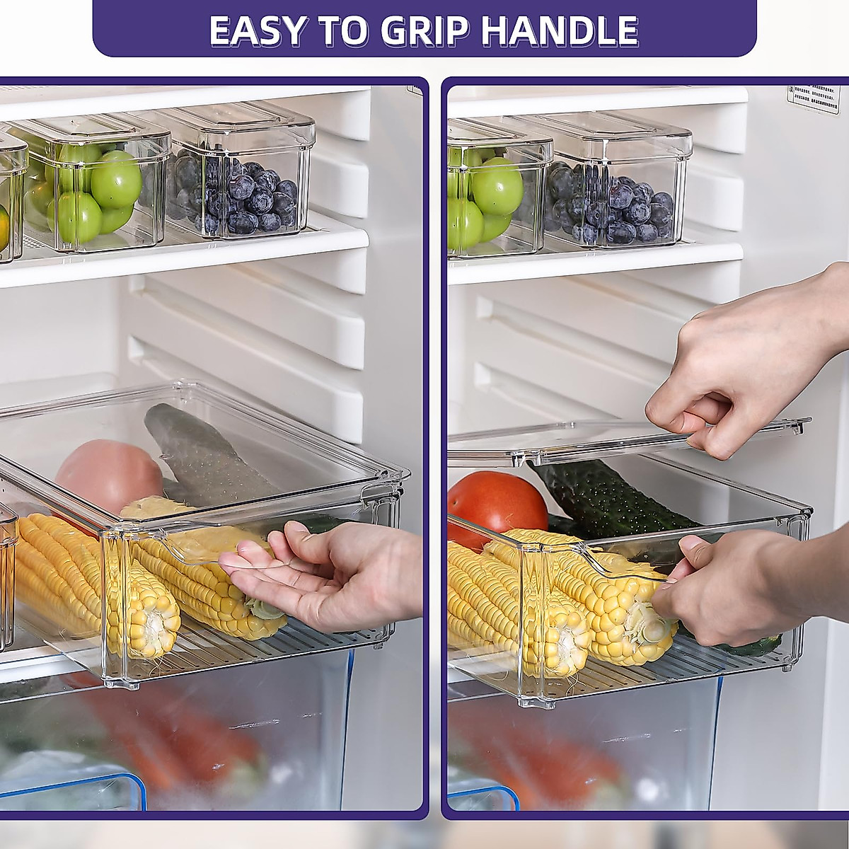 Obsoorth 7 Pack Stackable Fridge Organizer Bins with Lids KitchenClear Acrylic Kitchen Refrigerator Organizers and Storage, Dripping Hole Design to Keep Food Fruit Vegetable Fresh for Freezer, Pantry