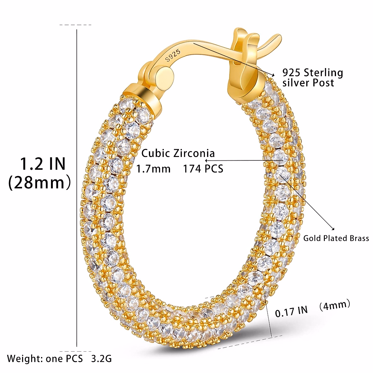 925 Sterling Silver Post Hoop Earrings for Women Gilrs Black Cubic Zirconia 14K Gold Plated Chunky Gold Hoop Earrings weinuo Jewelry