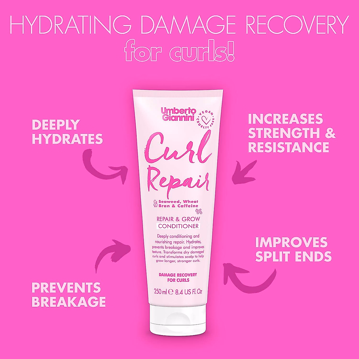 Umberto Giannini Curl Repair Conditioner, Vegan & Cruelty Free Repair & Growth Formula with Seaweed, Wheat Bran & Caffeine, 250 ml