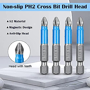 Magnetic Phillips Screwdriver Bit Set 7PCS PH2 Alloy Steel Anti-Slip Long Drill Bits, 12 PCS PH1 PH2 PH3 PZ1 PZ2 PZ3 1/4 Inch Hex Shank Cross Single 2 Inch Length for Impact Driver Power Tool