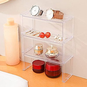 GRASARY Desktop Storage Shelf Stackable Clear Plastic Organizer Shelf, Dust-Proof,Large Capacity Cosmetic Rack Shelf Clear A