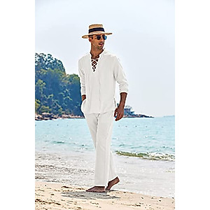 COOFANDY Men's 2 Piece Linen Set Long Sleeve Henley Shirts Casual Beach Pants With Pockets Summer Yoga Outfits