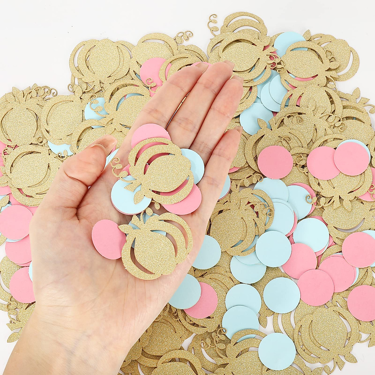 Whaline 300pcs Thanksgiving Little Pumpkin Confetti Glitter Gold Pumpkin Baby Shower Table Confetti Round Pink Blue Paper Dots for Thanksgiving Fall Gender Reveal Baby Birthday Supplies Table Decor