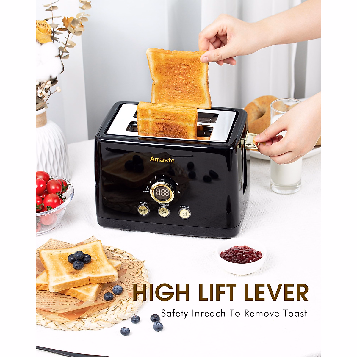 2 Slice Toaster, Retro Bread Toaster with LED Digital Countdown Timer, Extra Wide Slots Toasters with 6 Shade Settings, Bagel, Cancel, Defrost Function, High Lift Lever, Removal Crumb Tray, Black
