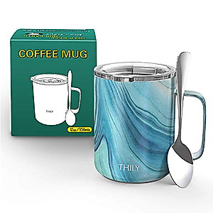 THILY Vacuum Insulated Travel Coffee Mug 12 oz Triple-Insulated Stainless Steel Coffee Cup with Handle, Spill-Proof Lid, Lightweight, Keeps Drinks Hot for Hours, Blue Swirl