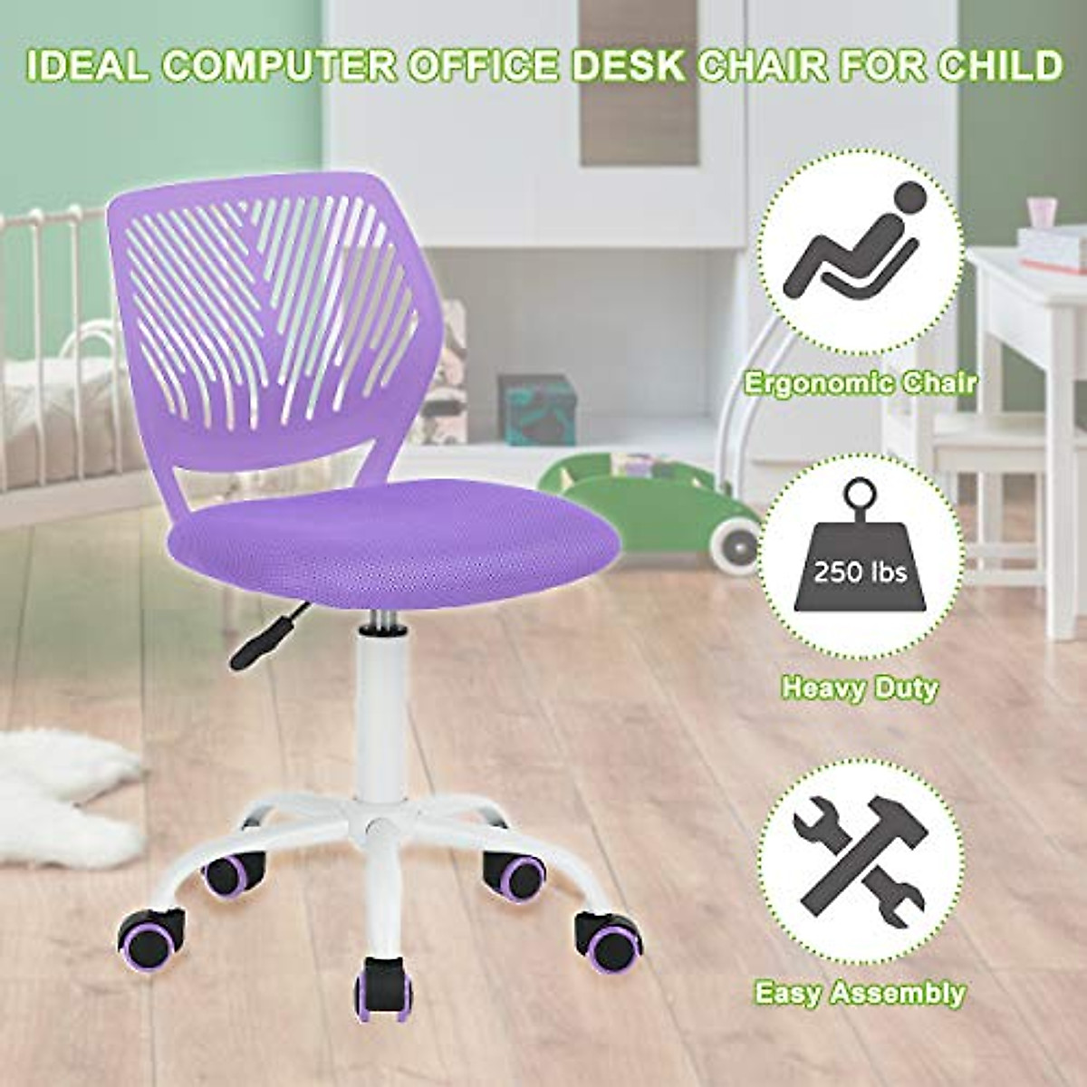 Geniqua Children Task Chair Lumbar Mid Back Adjustable Height Study Computer Chair with Mesh Seat Casters for Home Office, School, Purple