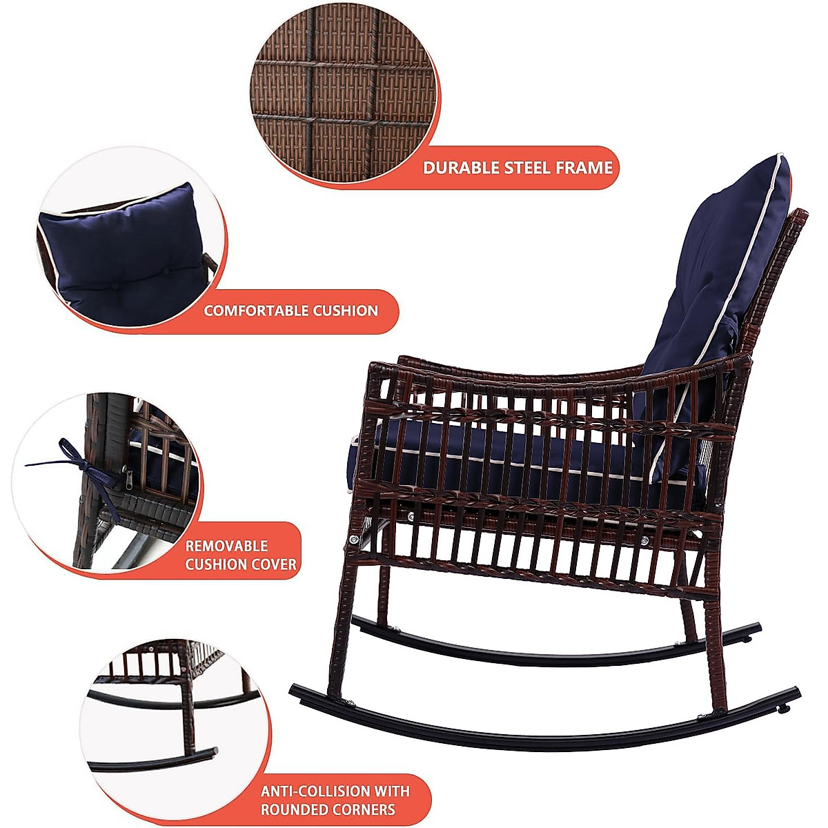 DECMICO Outdoor Rocking Chairs 3 Pieces Patio Conversation Front Porch Furniture, Wicker Rocking Chairs Bistro Set with Coffee Table for Garden and Balcony (Brown Rattan Royal Blue Cushion)