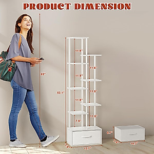 Vrisa 7 Tier Bookshelf with Storage Bookcase with Fabric Drawer Morden Book Shelf Wood Display Shelf Storage Organizer Freestanding Open Shelf Unit for Living Room, Bedroom, Home Office, White