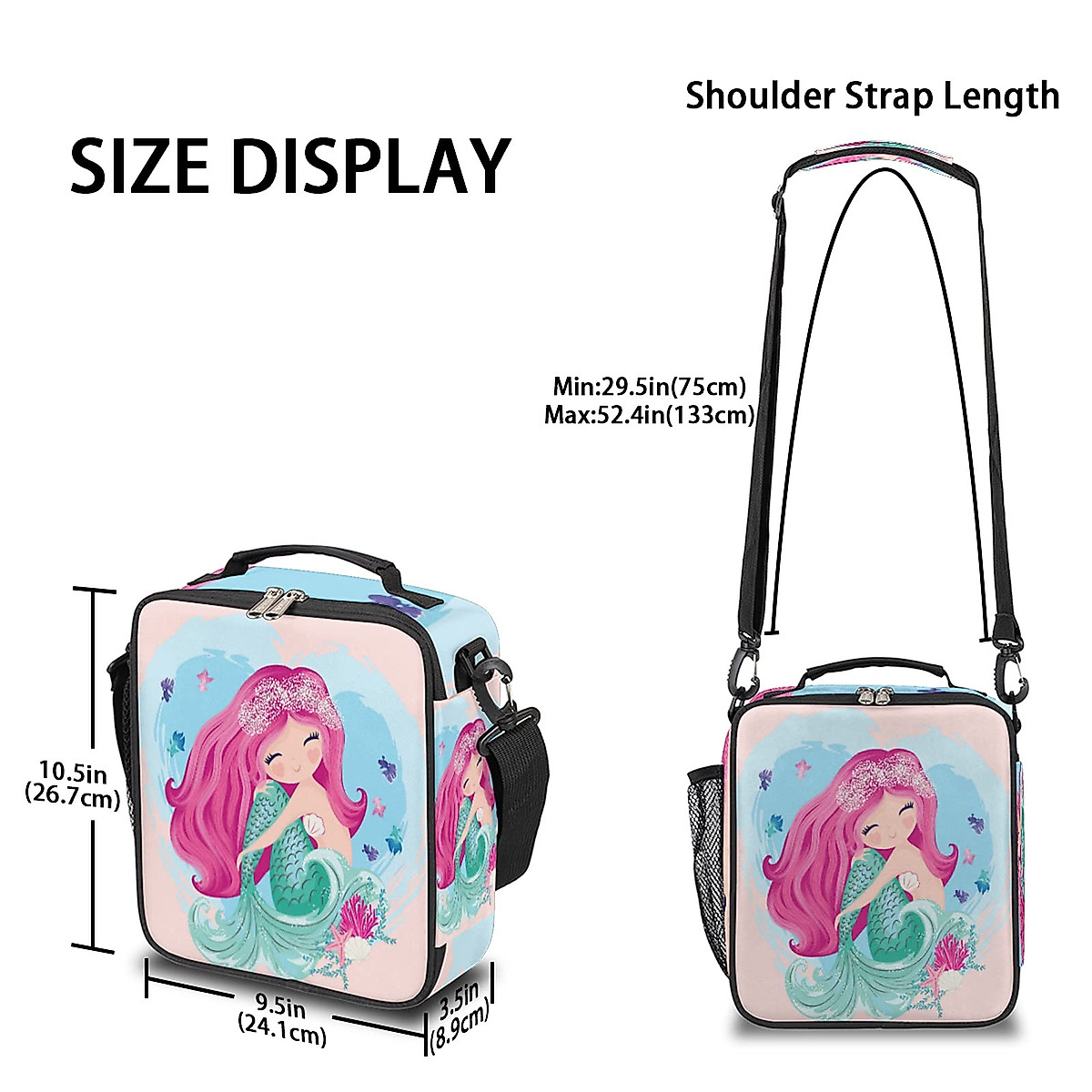 Cute Mermaid Insulated Lunch Box for Kids School Lunch Bag for Boys Girls Cartoon Mermaid Lunch Tote Bag with Adjustable Shoulder Strap, Lunch Cooler Bag for School Picnic Travel