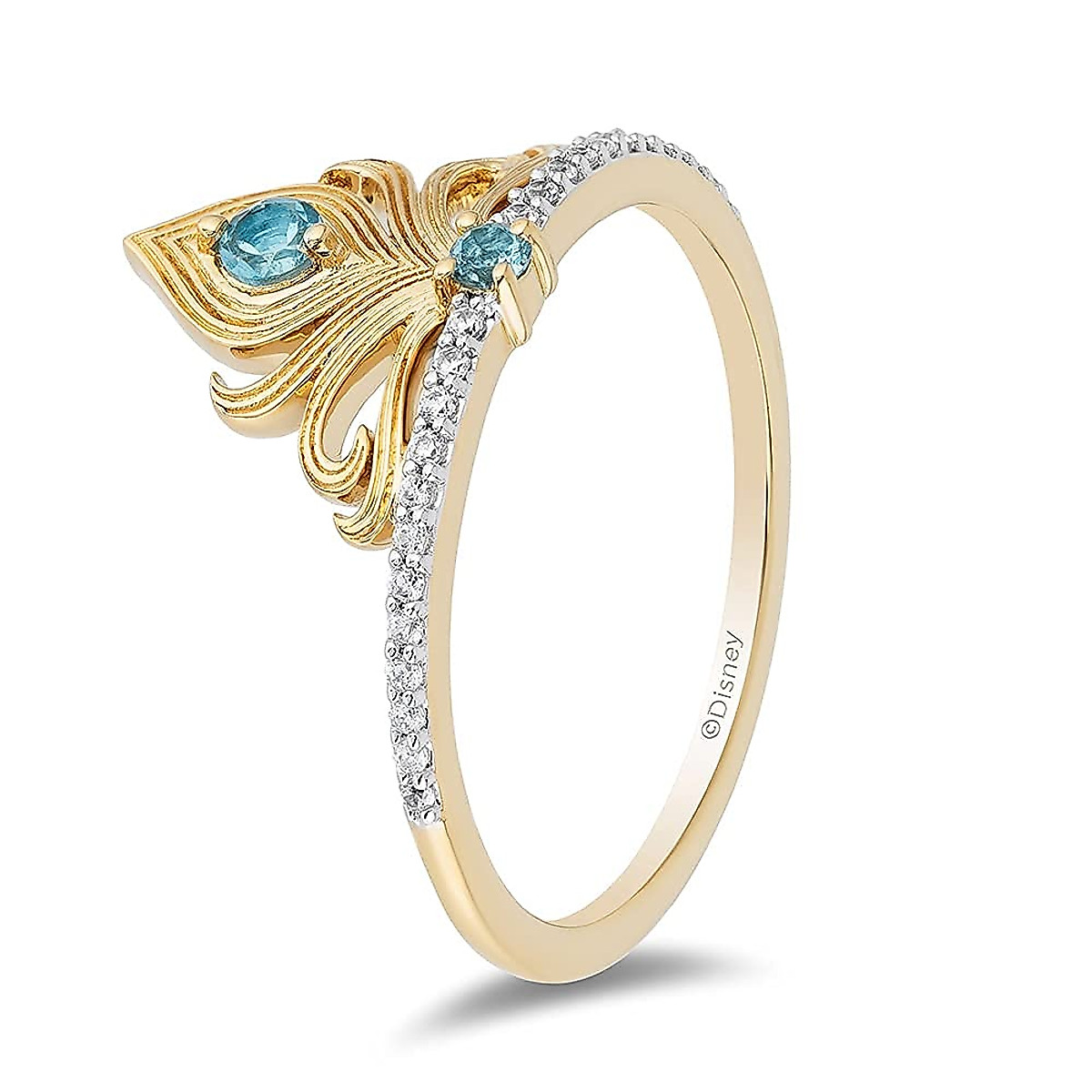 Jewelili Enchanted Disney Fine Jewelry 14K Yellow Gold Over Sterling Silver Round Swiss Blue Topaz and 1/10 Cttw Natural White Round Diamond Jasmine Ring, Size 7