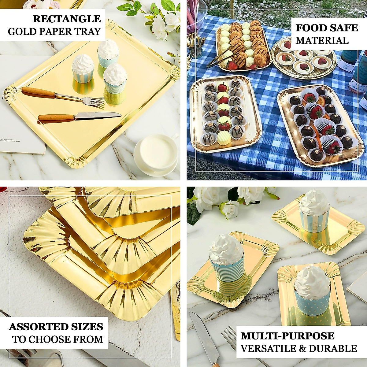 Efavormart 10 Pack | 15"x11" Gold Paper Cardboard Serving Trays, Rectangle Party Platters - 400 GSM