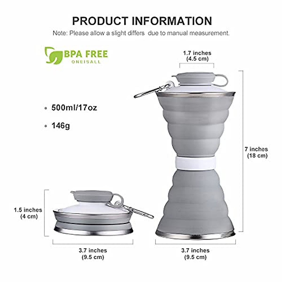 Collapsible Water Bottle, Camping Cup With Carabiner, Reuseable Silicone Foldable Leak Proof Portable Sports Travel Water Bottles For Outdoor, Travel Gym Hiking, BPA Free, Cycling Cups with Carabiner