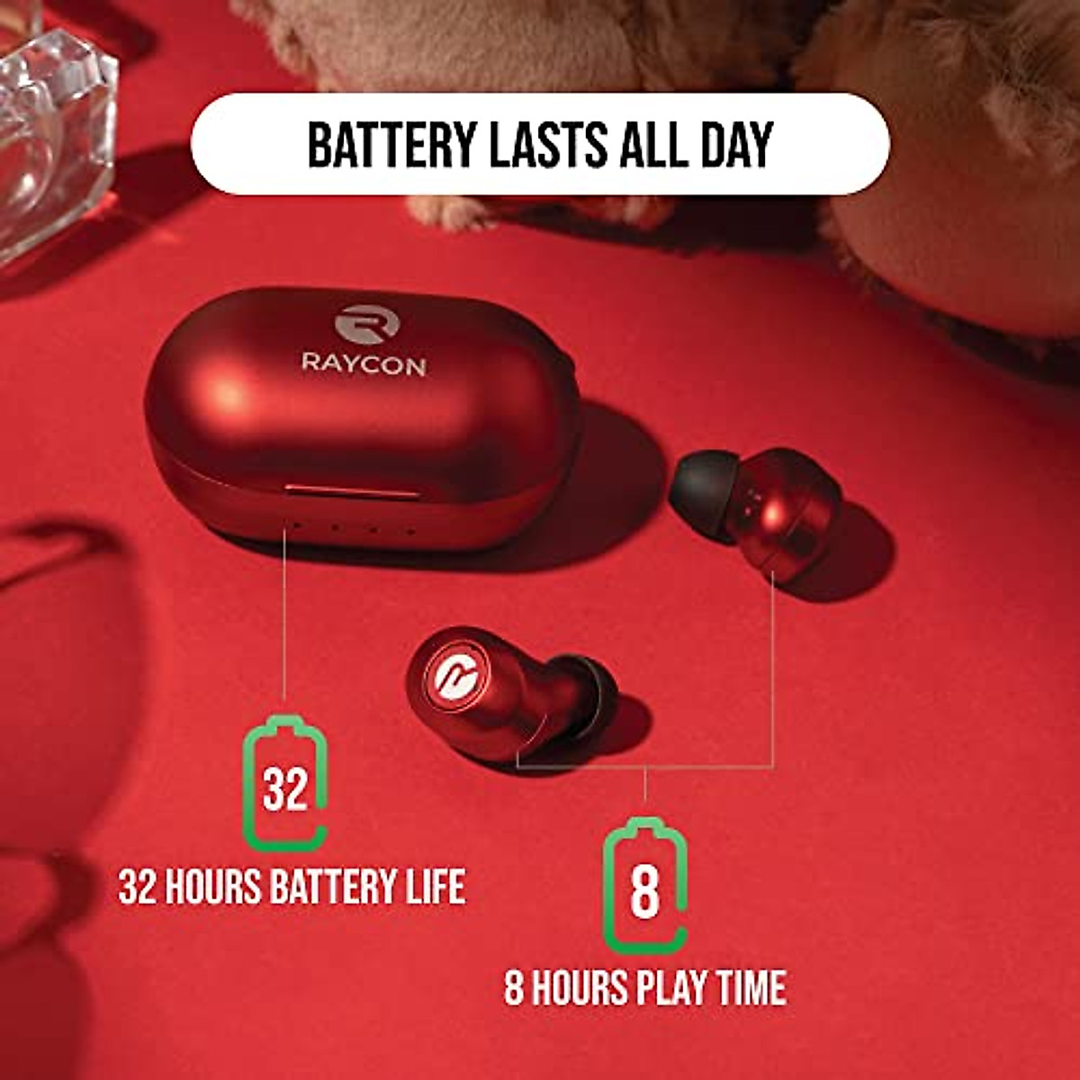 Raycon The Everyday Bluetooth Wireless Earbuds with Microphone- Stereo Sound in-Ear Bluetooth Headset True Wireless Earbuds 32 Hours Playtime (Matte Red)