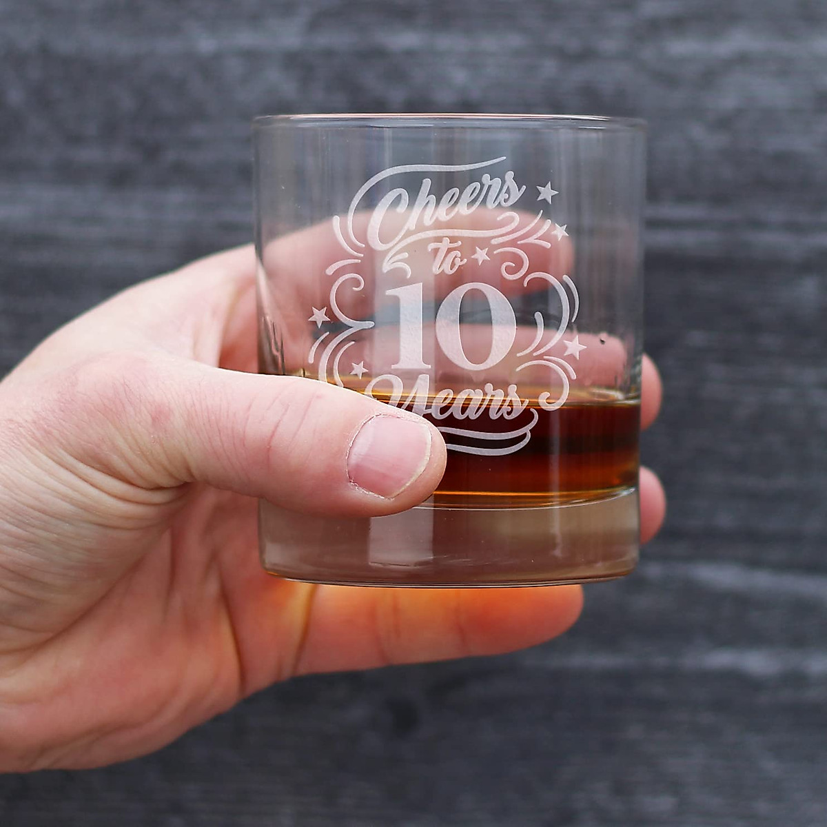 Cheers to 10 Years - Whiskey Rocks Glass Gifts for Women & Men - 10th Anniversary Party Decor - 10.25 Oz Glass