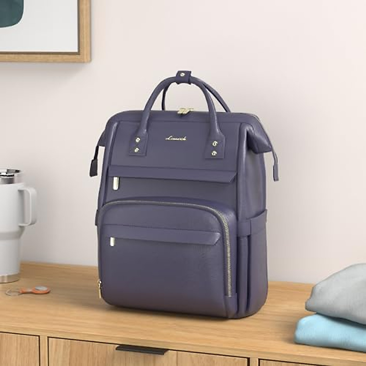 LOVEVOOK Vintage Leather Backpack for Women,17 inch Leather Laptop Backpack Women Teacher Nurse Work Travel Backpack Computer Laptop Bags,Professional Backpack Purse Tote Carry On Backpack,Indigo Ink