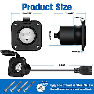 BEBOBLY 15 Amp AC Port Plug, 125V Power Inlet Socket with Waterproof Cover & Integrated 18" Extension Cord, 2 Pole 3-Wire NEMA 5-15 Flanged Generator Inlet Plug for RV Boat Electrical Connections