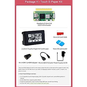 Waveshare Package H Compatible with Raspberry Pi Zero 2 W Bundle with 2.13inch Touch e-Paper HAT(with case) Power Supply 5V/3A Micro Card 16GB Card Reader and So On (8 Items)