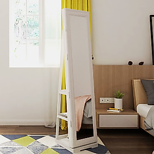 Wellynap Mirror Jewelry Cabinet, 360° Rotatable Full Length Mirror Stand, Lockable Jewelry Organizer Armoire with Back Storage Shelves for Bedroom, Cloakroom, White