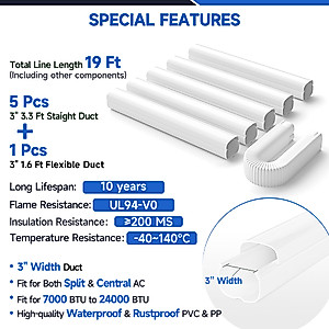 Cestluck 3'' 19 Ft Mini Split Line Cover Set, PVC & PP Ductless Pipe Cover Universal for Mini Split AC & Central AC