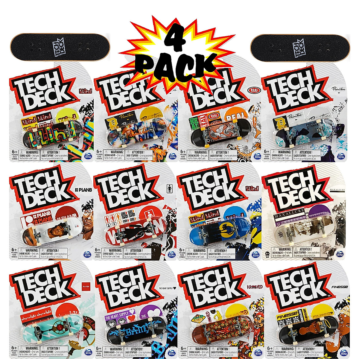 Tech Deck 96mm Individual Fingerboards Bundle with Matty's Toy Stop Storage Bag - Pack of 4 (Assorted Styles)