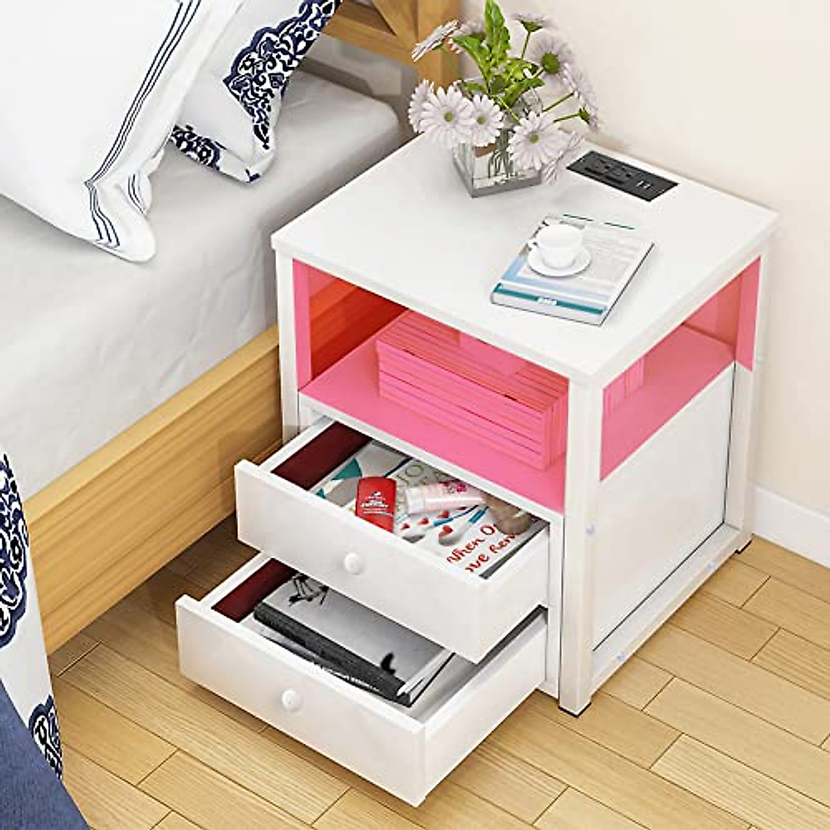 Roozmausy Nightstand with Charging Station LED Lights AC,White nightstand,Bedside Table with Drawer,Bedside Cupboard,Bedside Cabinets,Small Spaces Side End Table (White-2Drawer)