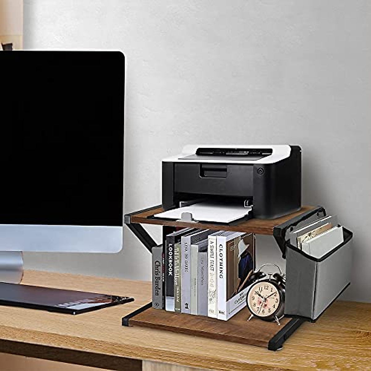 Y&ME YM Desktop Printer Stand with Storage Bag, 2 Tier Desktop Organizer Shelf, Rustic Wood Printer Table with Adjustable Anti-Skid Pads, Under Desk Printer Shelf for Fax Machine, Scanner, Files