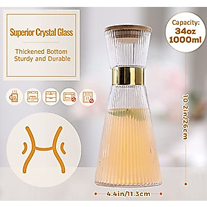 DUJUST Ribbed Glass Carafe with Lid (34oz), Elegant Water Carafe with Gold Decoration, Crystal Glass Carafe, with Thickened Bottom, for Juice, Milk, Tea, Food-Grade Silicone, Leak-proof