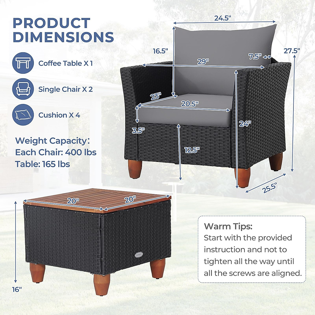 ORALNER 3 Pieces Patio Furniture Set, Outdoor Wicker Conversation Chairs with Cushion, Acacia Coffee Table, Rattan Bistro Set for Balcony Garden Backyard Front Porch Poolside (Grey)