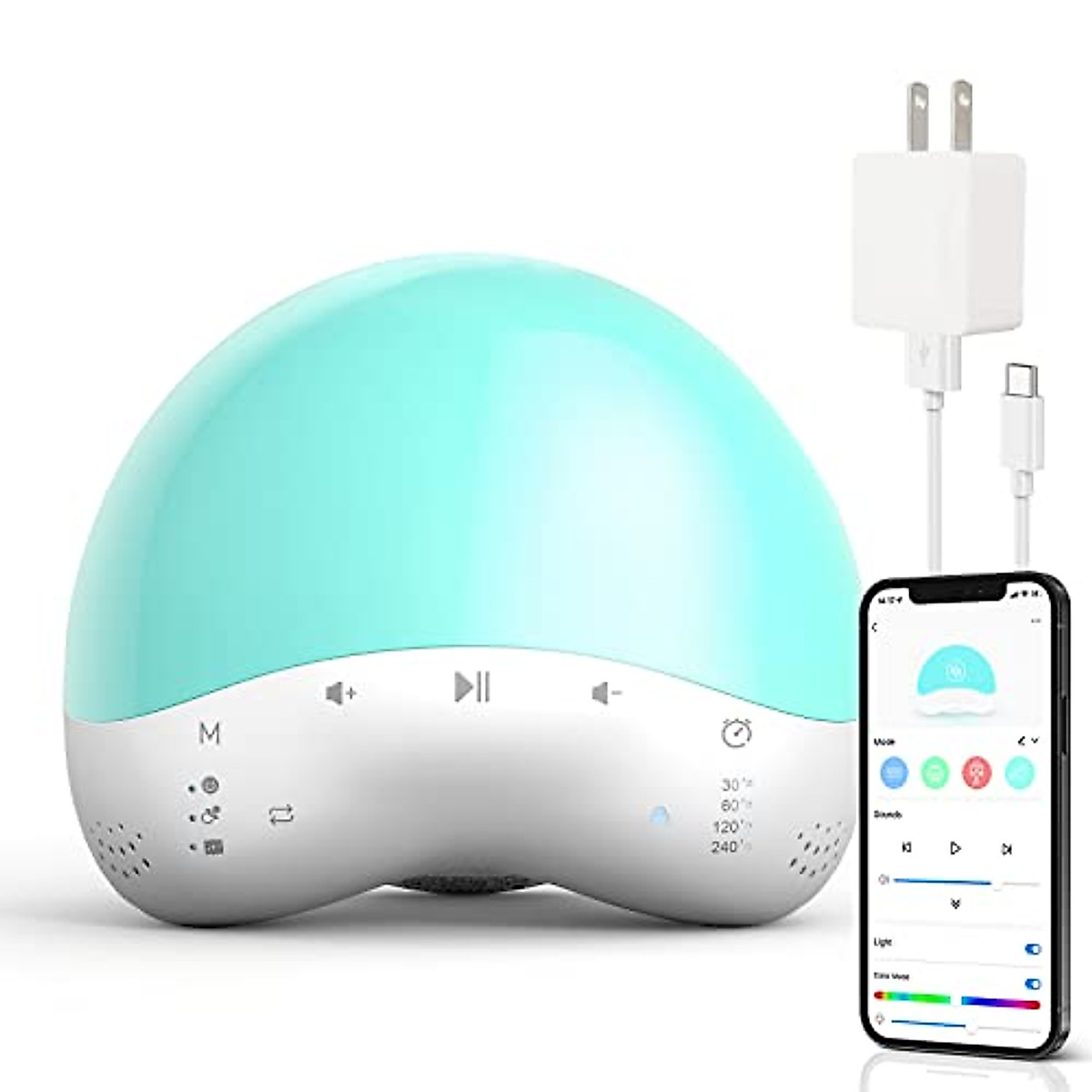 Baby Sound Machine Nursery Night Light White Noise Machine 25 Soothing Sounds Sleep Machine RGB Color Changing APP & Voice Control with Alexa Portable Lamp Timer Noise Machine Baby/Adults White
