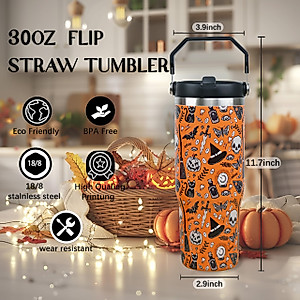 30oz Halloween Tumbler with Handle and Straw, Goth Black Cat Insulated Tumbler, Pumpkin Bat Skull Leak Proof Travel Coffee Mug, Reusable Stainless Steel Witch Tumbler, Halloween Gifts for Women