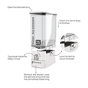 TAYAMA 55 lbs. Capacity Rice Dispenser Grain Storage Container,White