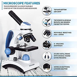 AmScope M162C-2L-PB10-WM Awarded 2018 Best Students and Kids Microscope Kit & SP-14 Microscope Slide Preparation Kit Including Stains