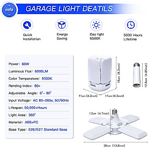 LED Garage Lights 2 Pack Garage Lights LED Light Garage E26 LED Garage Ceiling Lights 60W Deformable Garage Light with 4 Panels, LED Shop Light Garage Lights Ceiling Led for Garage, Working Light