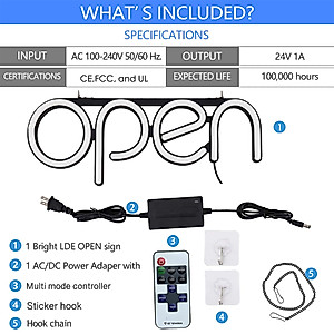 LED Open Sign,16x6 inch Open Sign for Business,With multiple flashing modes, Ideal for Restaurant, Bar, Salon and More,24V/1A Power Supply，with Open/Close Sign (white)