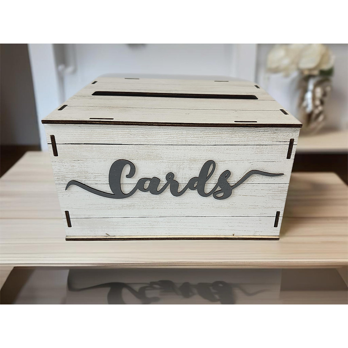 Wooden Wedding Card Box for Reception money Envelopes,Bridal & baby Showers, Graduations or engagements (Rustic White)