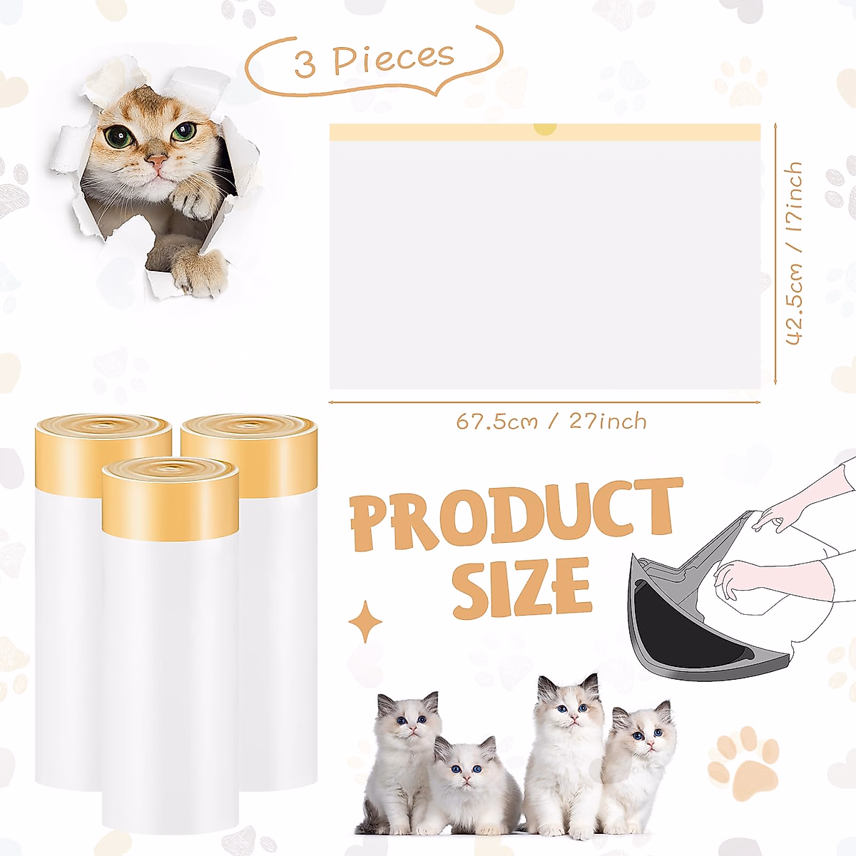 Paterr Cat Litter Box Liners Bags with Drawstring Waste Drawer Liners Cat Litter Bags 9-11 Gallons Replacement Bags for Kitten Pan Tray Waste, 27" x 17"(60 Pcs)