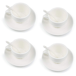 Kingrol 8 Ounces Cappuccino Cups with Saucers & Spoons, Porcelain Tea Cup Set, Set of 6 Coffee Mugs for Latte, Mocha, Cappuccino, and Mulled Drinks