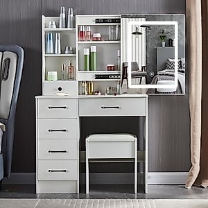 Kkonetoy White Vanity Desk with Lights, Makeup Desk Vanity Set with Sliding Mirror and 5 Drawers, Modern Makeup Vanity Dressing Table with Cushioned Stool for Girls Bedroom Dresser, 30560704LED