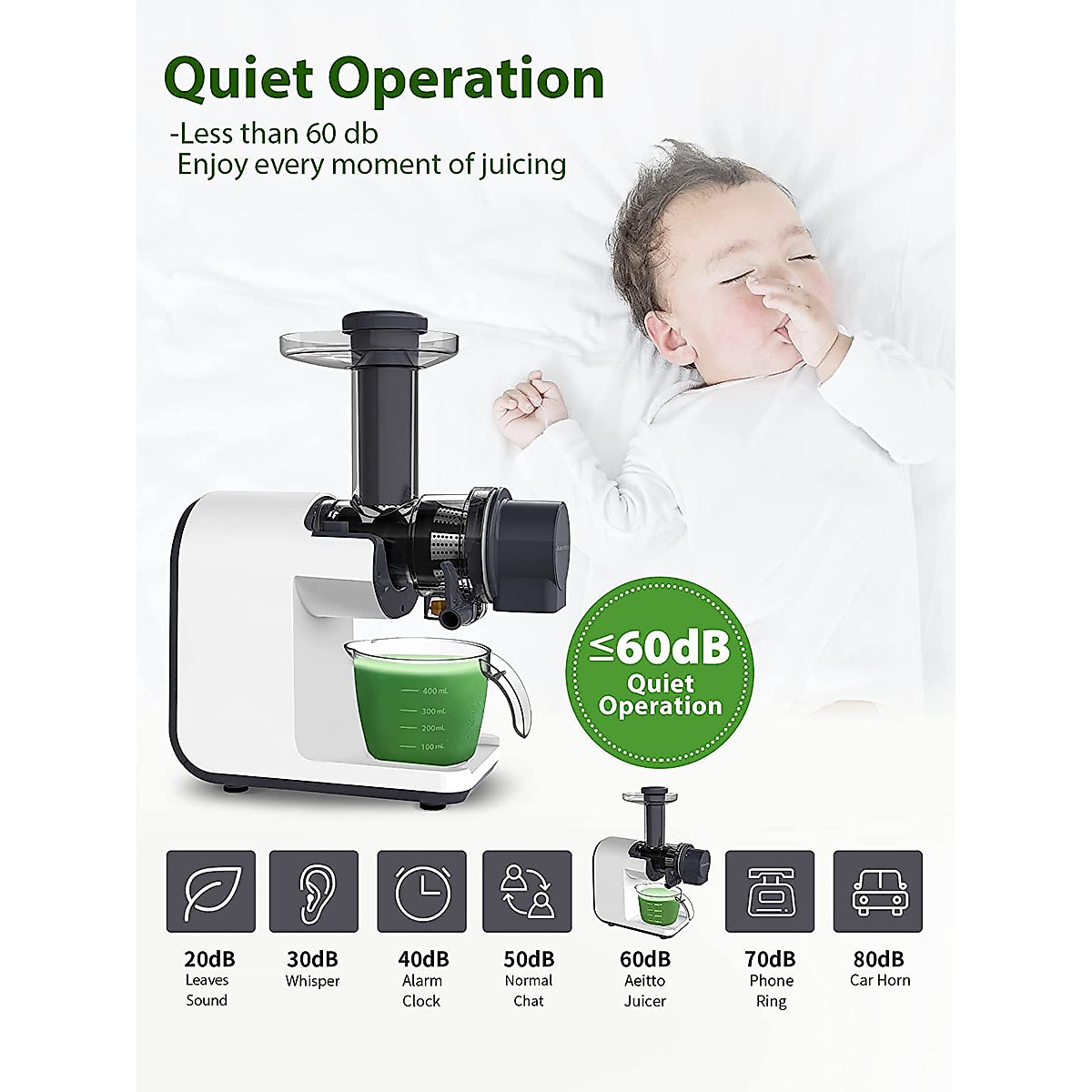 Slow Juicer, Aeitto Cold Press Juicer, BPA Free Juicer Machines Easy to Clean, Celery Juicer with Quiet Motor & Reverse Function, Masticating Juicer for Vegetable and Fruit