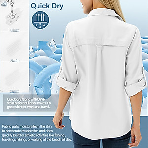 Women's UPF 50 Long Sleeve UV Sun Protection Safari Shirts Outdoor Quick Dry Fishing Travel Hiking Shirts #5070-White-XS