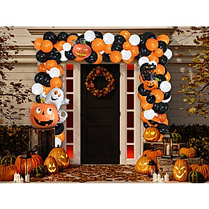122 Pcs Halloween Balloon Garland Kit, Black Orange White Latex Balloon Garland Arch with Ghost Pumpkin Spider and Black Cat Foil 3D Balloons