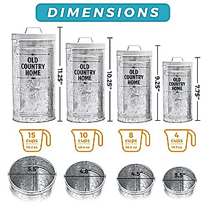 Saratoga Home Farmhouse Canister Set for Kitchen Coffee Tea Sugar Container Set with Labels & Marker, 4 Airtight Galvanized Rustic Tin Metal Flour Sugar Canister Sets for Kitchen Counter, Silver