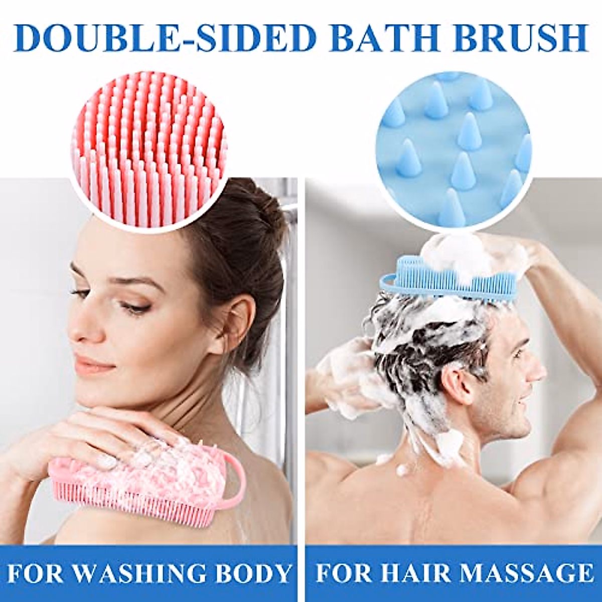 Silicone Body Scrubber Loofah, 2 in 1 Shower Scrubber for Body, Soft Silicone Loofah for Sensitive Women Men All Kinds of Skin, Scalp Massager Shampoo Brush, Exfoliating Bath Brush (2PC, Blue&Pink)