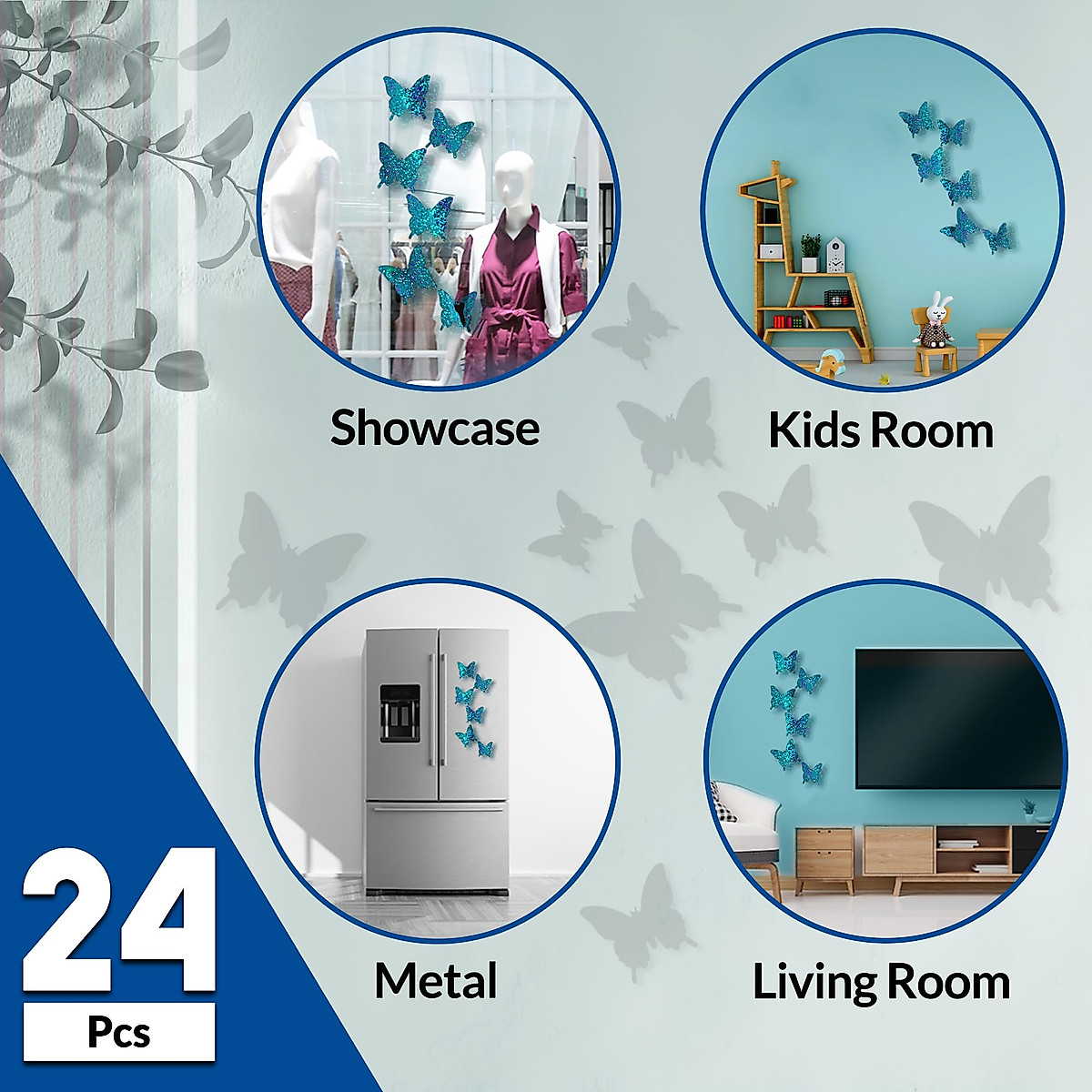 DecalMasters 24pcs Blue Glitter 3D Butterfly Wall Decals - 3 Sizes Butterflies Decor for Wall Removable Mural Stickers Home, Party, Cake and Room Decoration, Bedroom Decor DIY Gift (Blue Glitter, 24)